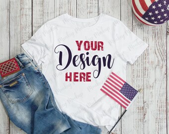 White 4th of July Mock Up, American T-shirt Mockup, Patriotic Style ...
