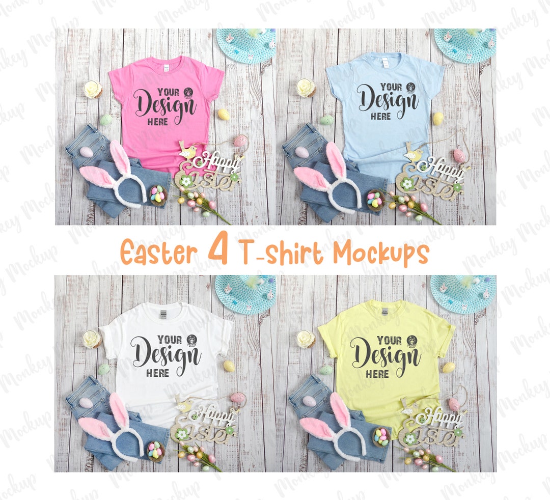 Easter 4 Mockup Shirt Bundle, Mock-up Gildan Blue Yellow White Pink ...