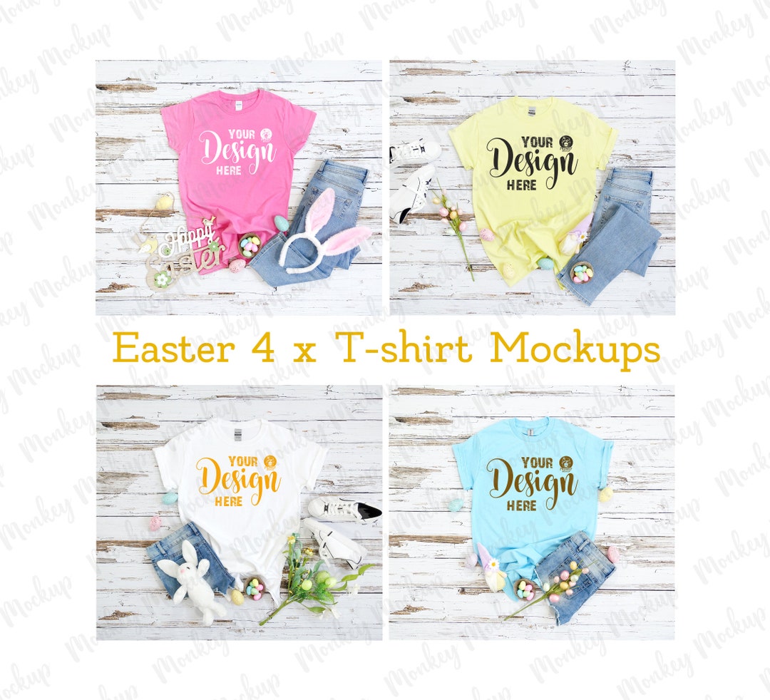 4 X Easter Mockup T-shirt Bundle, Gildan Blue Yellow White Pink Shirt ...