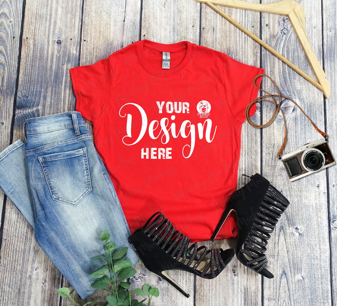 Red Mockup T-shirt Gildan, Red Mock-up Shirt With Jeans and Heels, Red ...