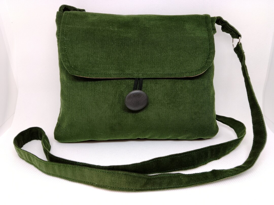 Small Green Crossbody Bag With Zip Pocket, Forest Green Needlecord ...