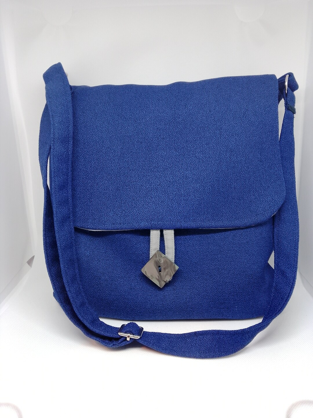 Royal Blue Crossbody Bag External Zip Pocket, Handmade Blue Vegan Boho ...
