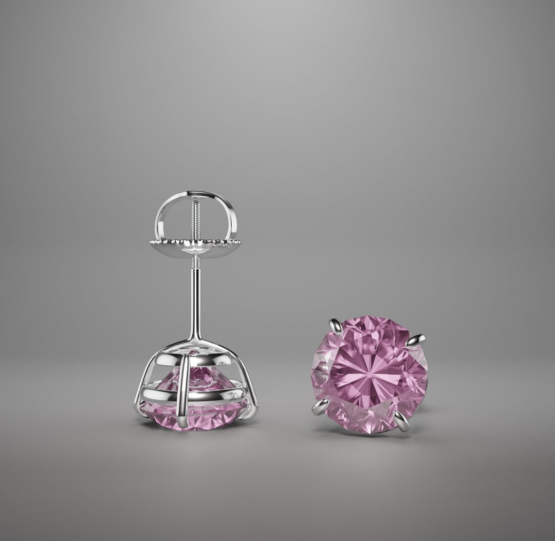 Round Created Pink Tourmaline Stud Earrings Real 14KT Solid White Gold ...