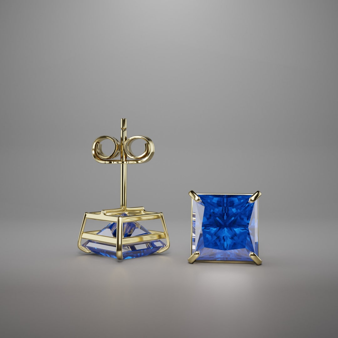 Princess Cut Created Sapphire Stud Earrings 14K Solid Yellow Gold ...