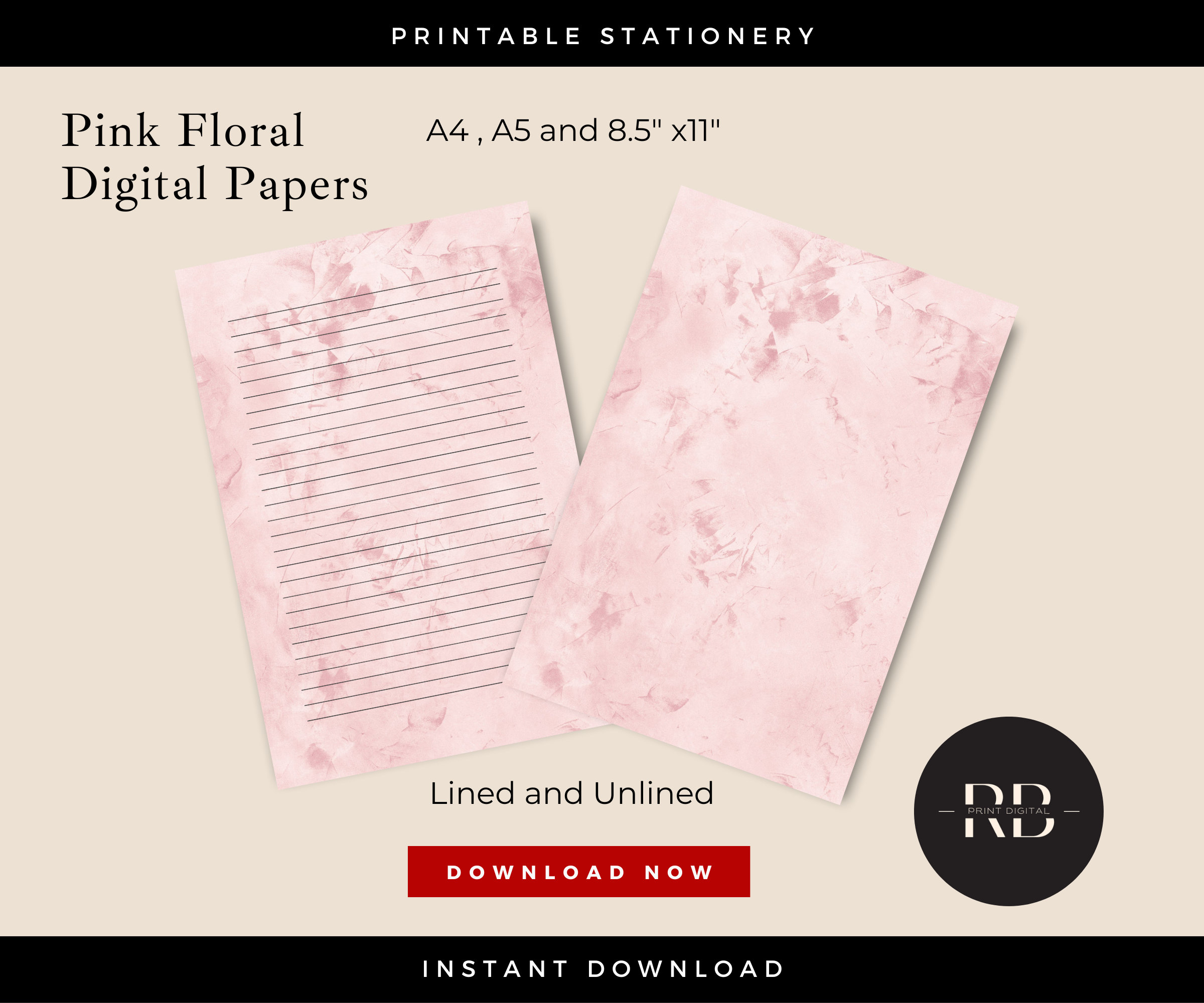 Pink Printable Paper / Floral Printable Stationery / Abstract Paper ...