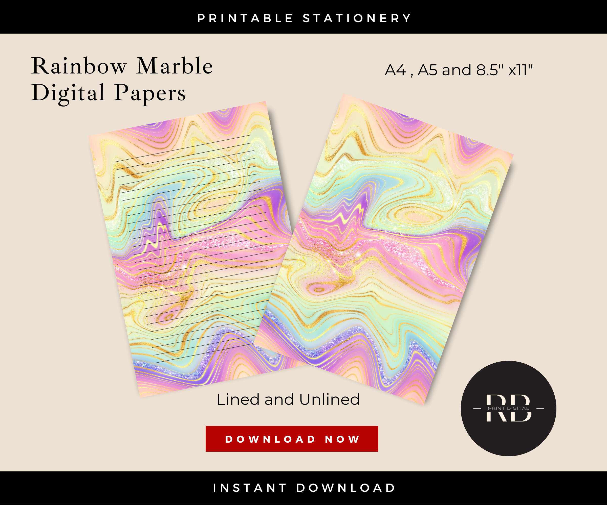 Rainbow Printable Paper / Marble Printable Stationery / Pastel Paper ...