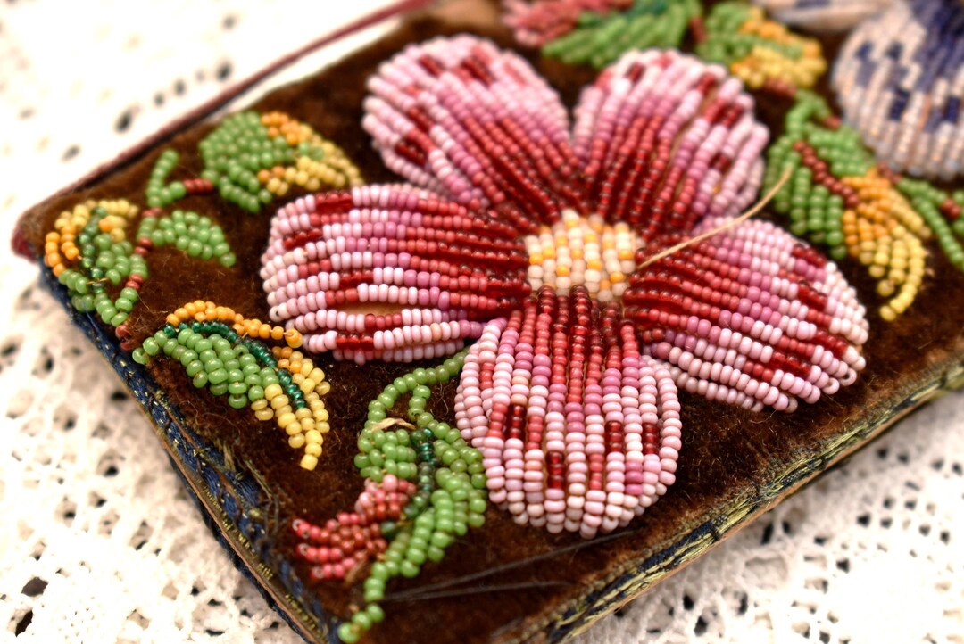 Antique Bead Wallet Panels Stunning Hand Stitched Floral Heavy Georgian ...