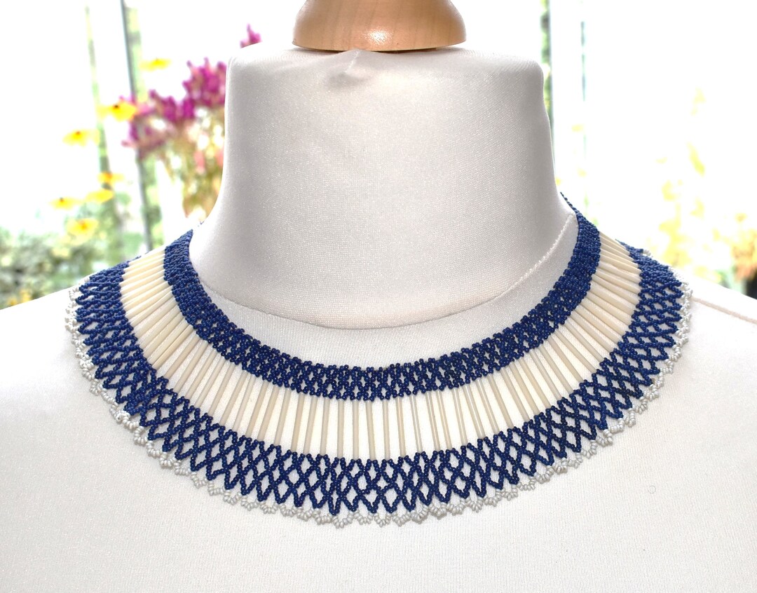 Antique Bead Collar - Gorgeous Hand Crafted Victorian White and Blue ...