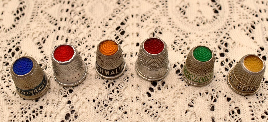 Antique Advertising Thimbles: Victorian Set With Colored Glass Tops - Etsy
