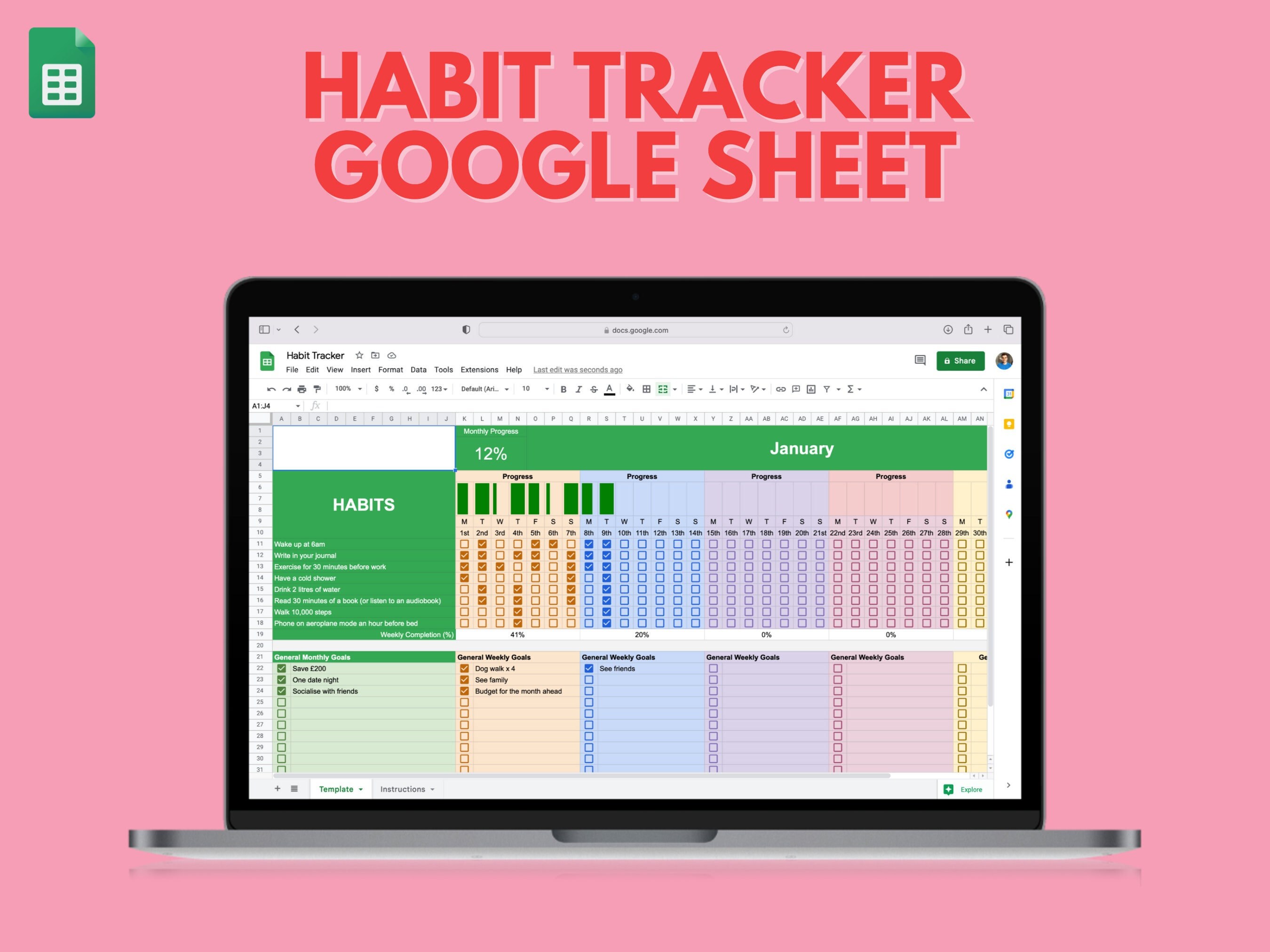 Habit Tracker Google Sheets Tracking Spreadsheet Template - Etsy