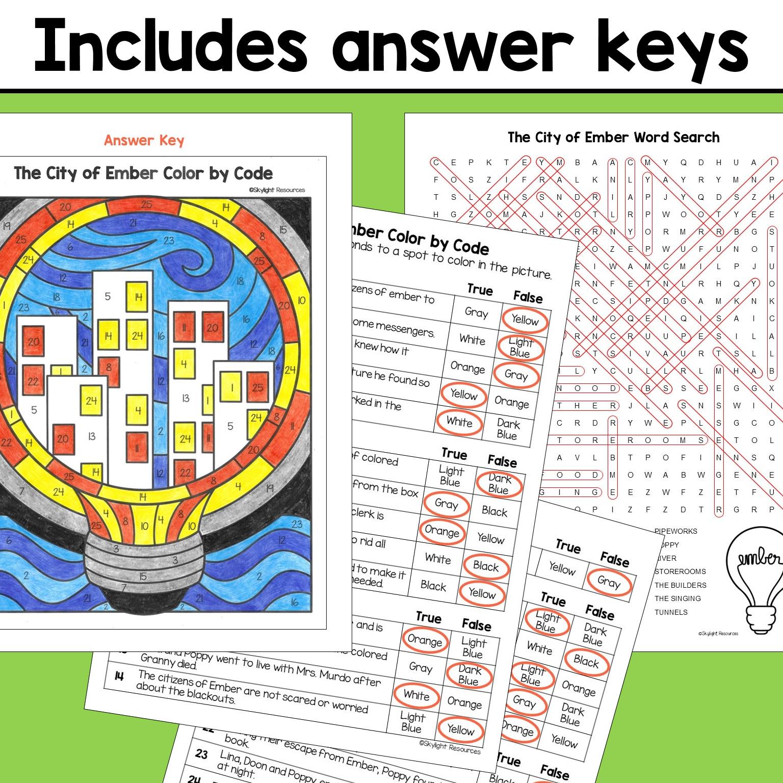 The City of Ember Word Search and Color by Number Novel Reading ...