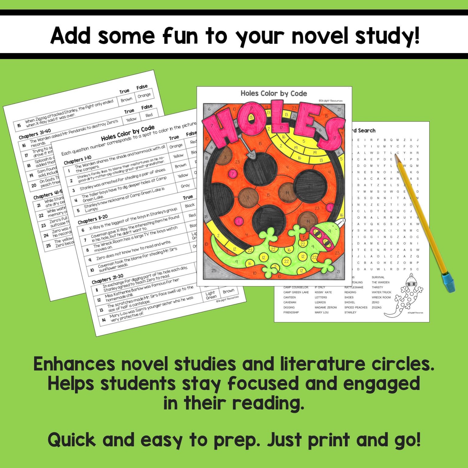 Holes Word Search and Color by Number Novel Reading Questions, Fun ...