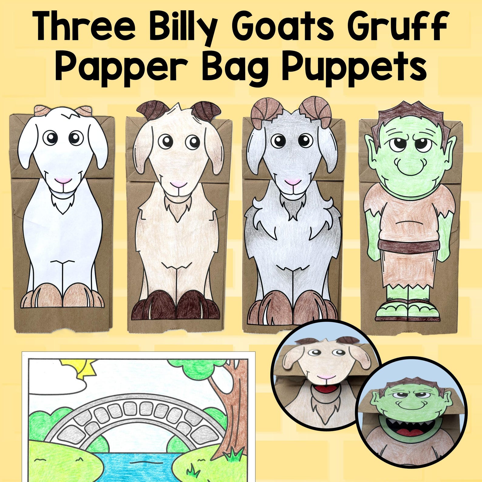 Three Billy Goats Gruff Paper Bag Puppets Story Retell Craft Activity ...