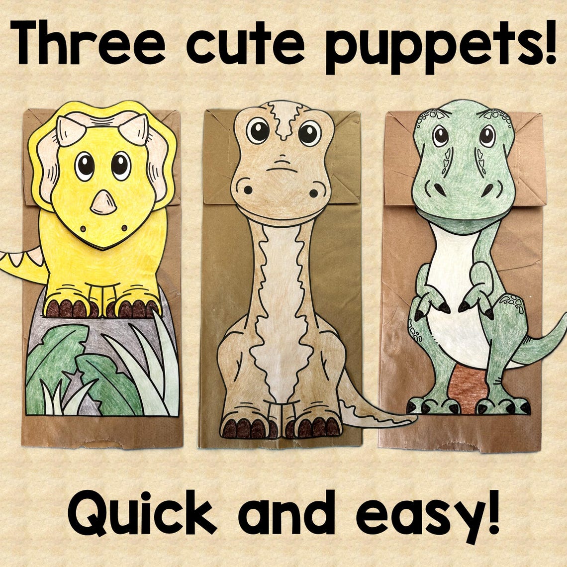 Dinosaur Paper Bag Puppets | T Rex, Apatosaurus and Triceratops Craft ...