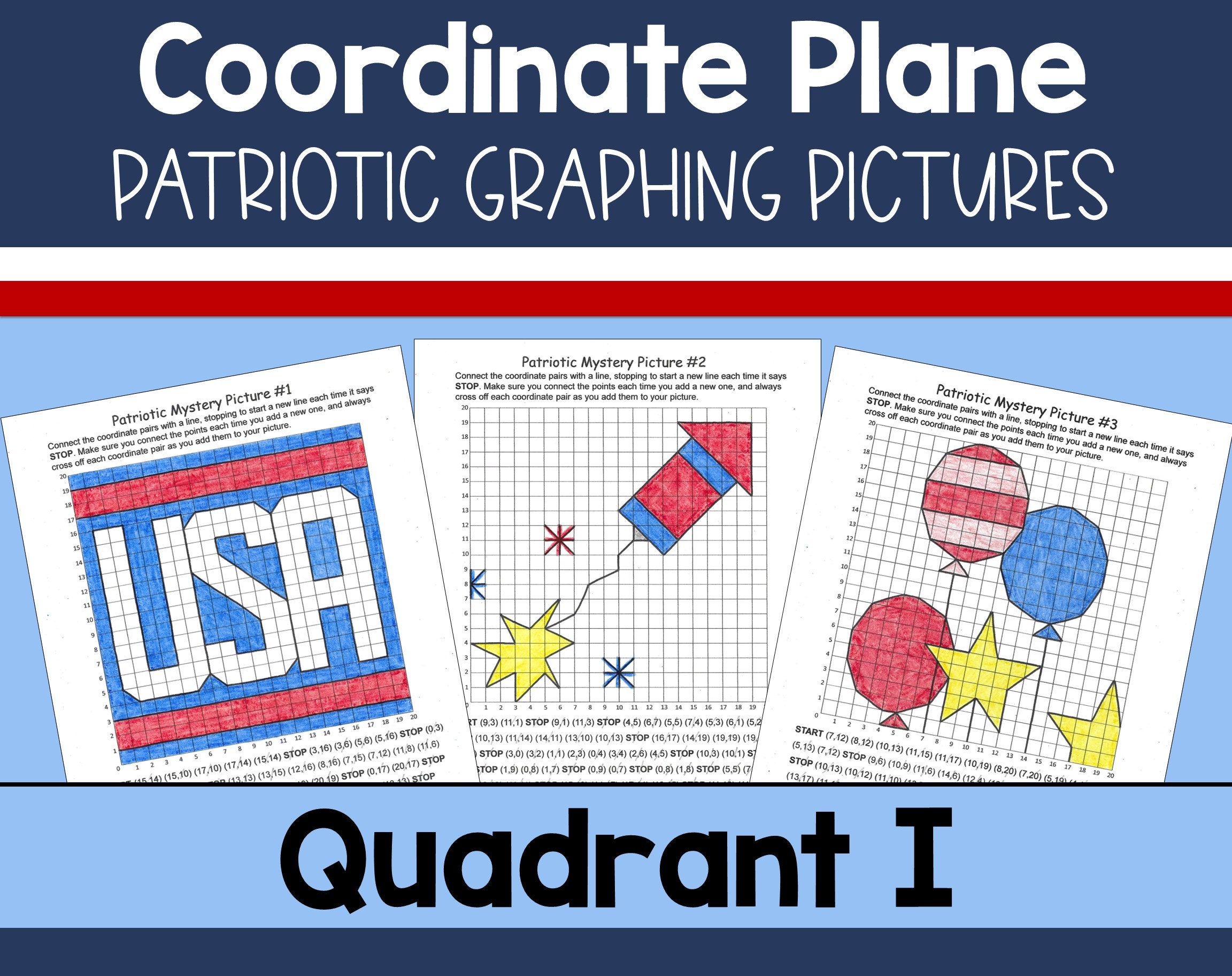 Patriotic Coordinate Plane Mystery Graphing Pictures in Quadrant I 5th ...