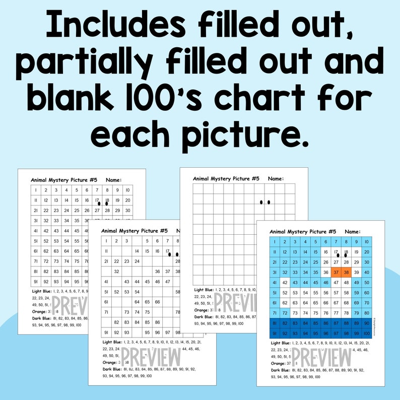 Animals 100's Chart Mystery Pictures Kids Number Practice for School or ...