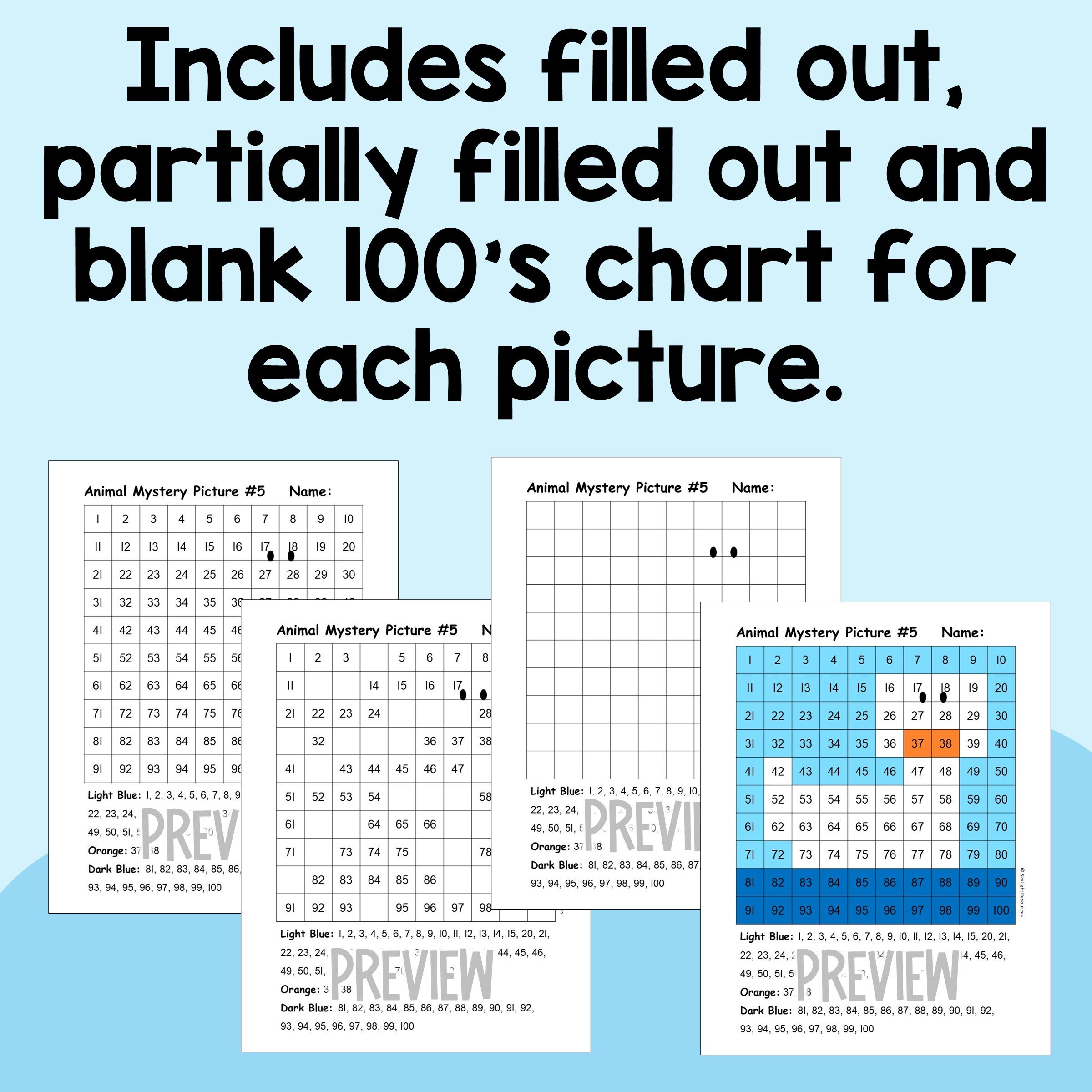 Animals 100's Chart Mystery Pictures Kids Number Practice for School or ...