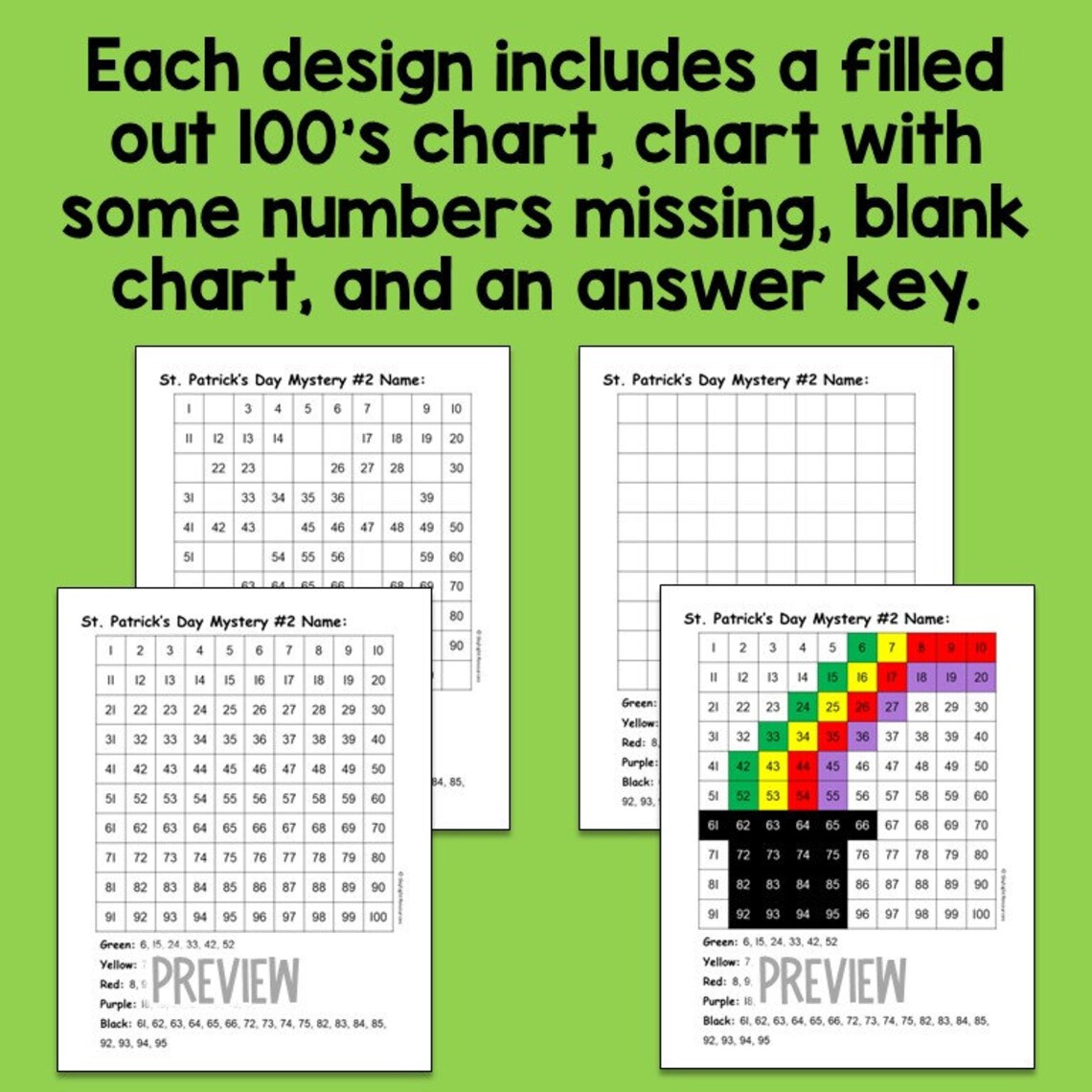 St. Patrick's Day 100's Chart Mystery Pictures | Math Numbers Practice ...