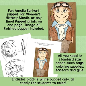Women's History Month Paper Bag Puppet | Amelia Earhart Craft Activity ...