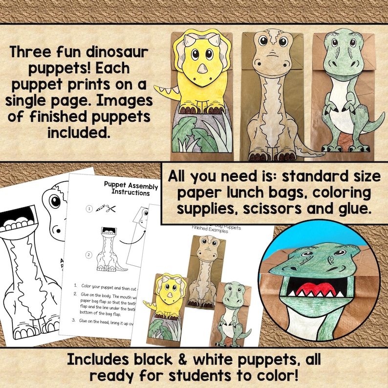 Dinosaur Paper Bag Puppets | T Rex, Apatosaurus and Triceratops Craft ...