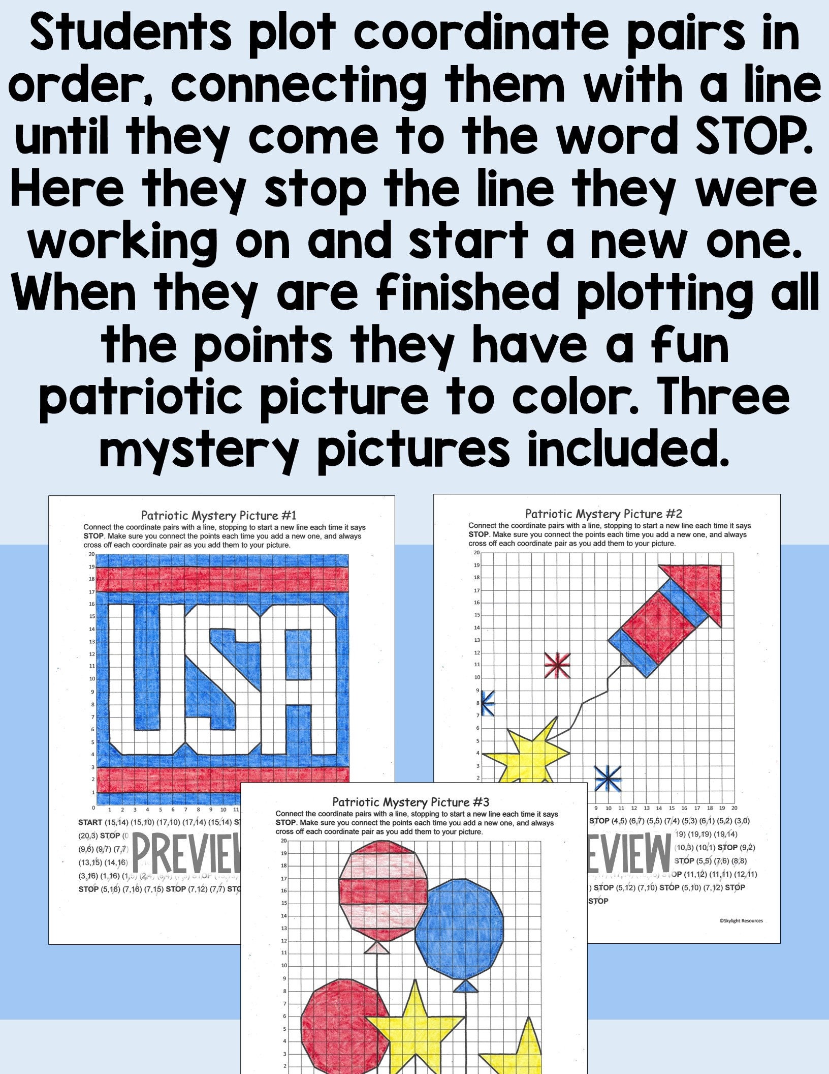 Patriotic Coordinate Plane Mystery Graphing Pictures in Quadrant I 5th ...