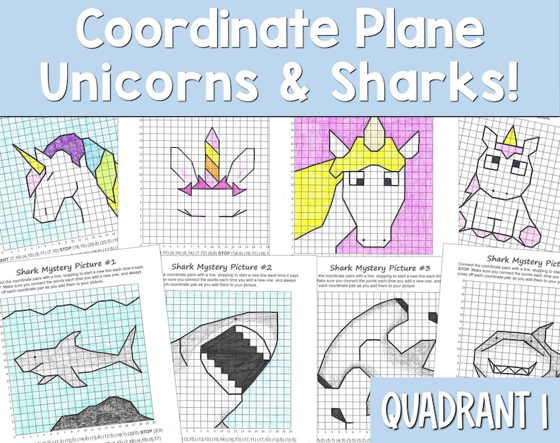 Unicorns and Sharks Coordinate Plane Math Mystery Graphing Pictures in ...
