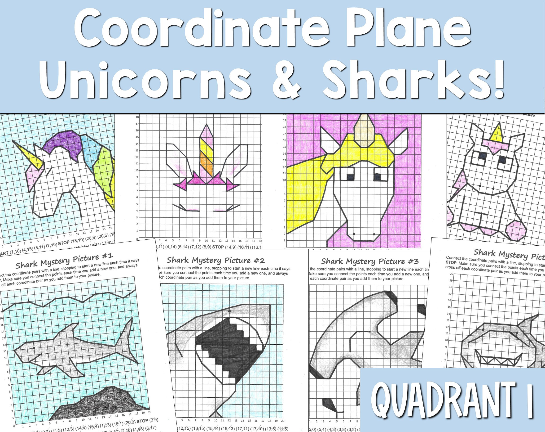 Unicorns and Sharks Coordinate Plane Math Mystery Graphing Pictures in ...