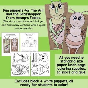 Aesop's Fables Ant and Grasshopper Paper Bag Puppets Kids Reading Time ...