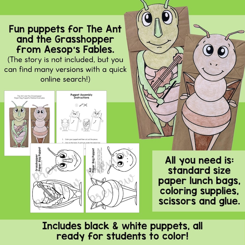 Aesop's Fables Ant and Grasshopper Paper Bag Puppets Kids Reading Time ...
