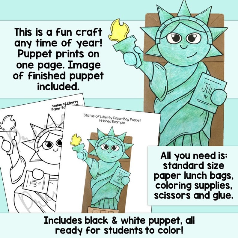 Statue of Liberty Paper Bag Puppet Craft Activity for Kids - Etsy
