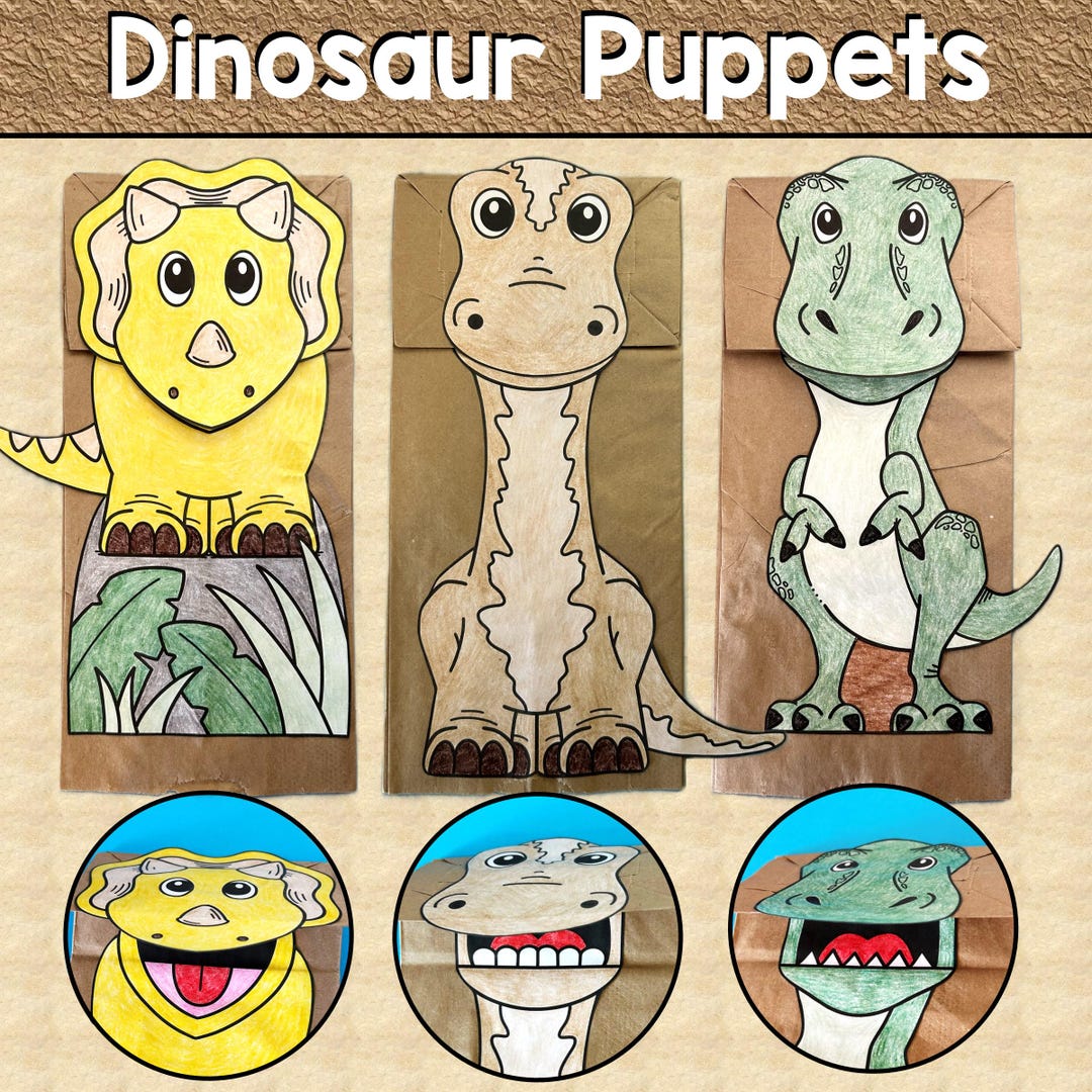 Dinosaur Paper Bag Puppets | T Rex, Apatosaurus and Triceratops Craft ...