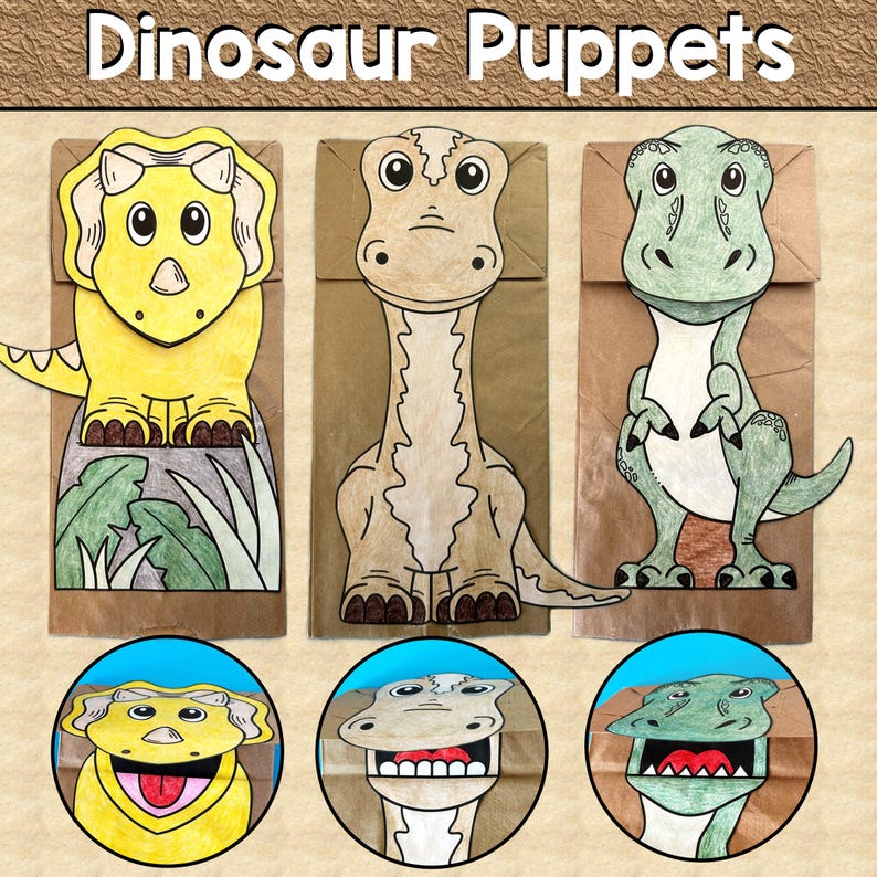 Dinosaur Paper Bag Puppets | T Rex, Apatosaurus and Triceratops Craft ...