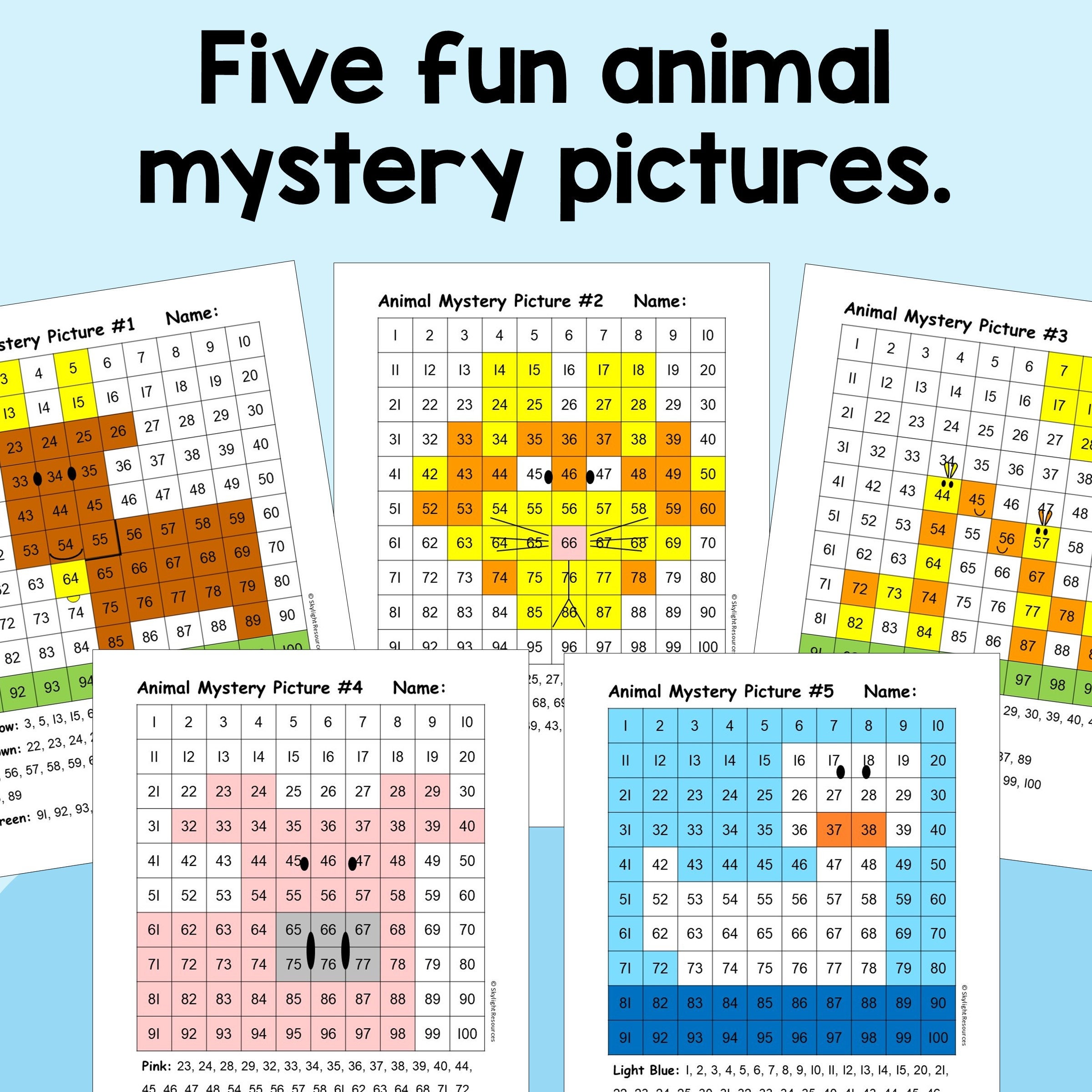 Animals 100's Chart Mystery Pictures Kids Number Practice for School or ...