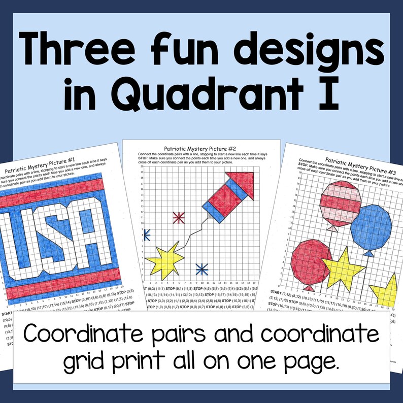 Patriotic Coordinate Plane Mystery Graphing Pictures in Quadrant I 5th ...