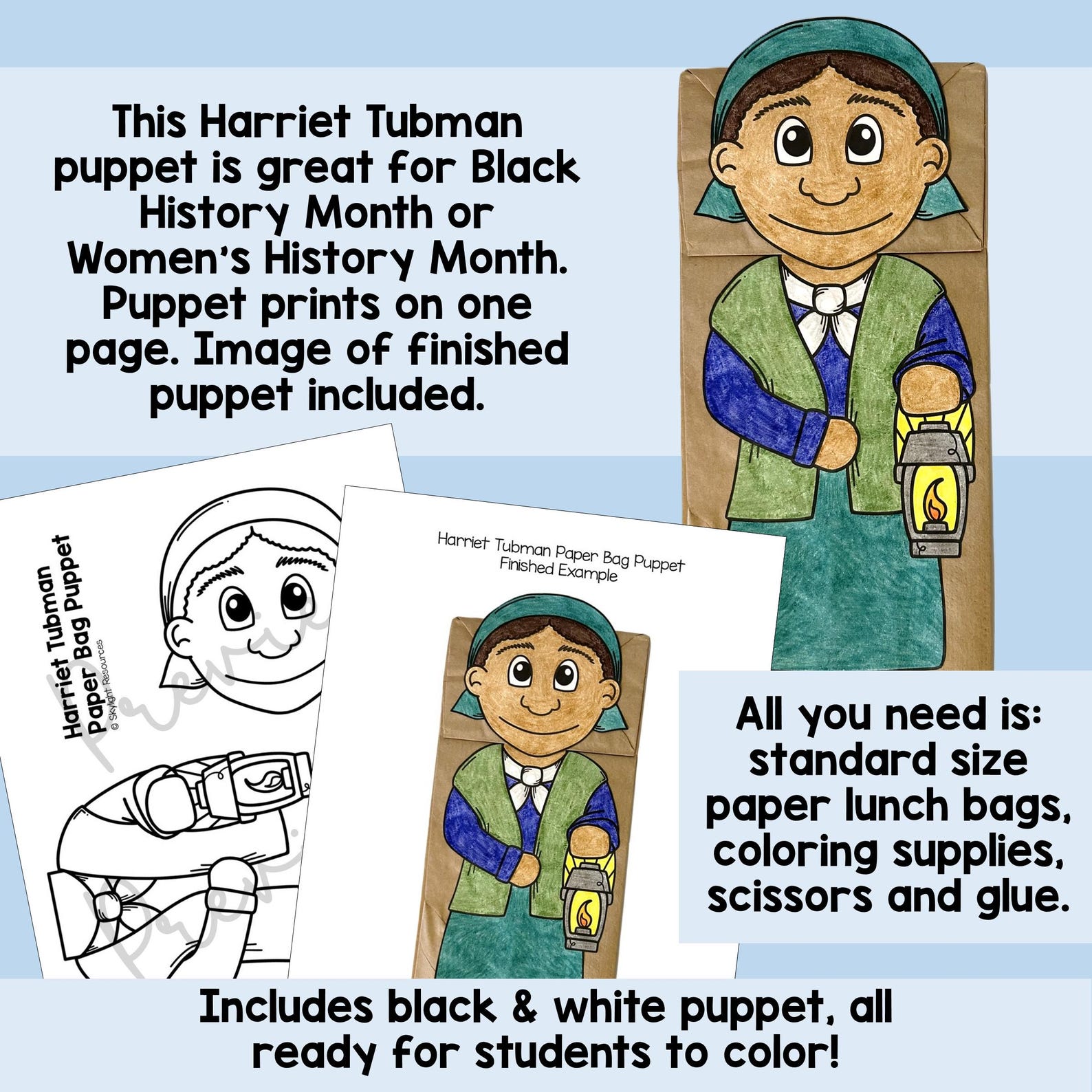 Harriet Tubman Paper Bag Puppet Craft: Black History Month or Women's ...