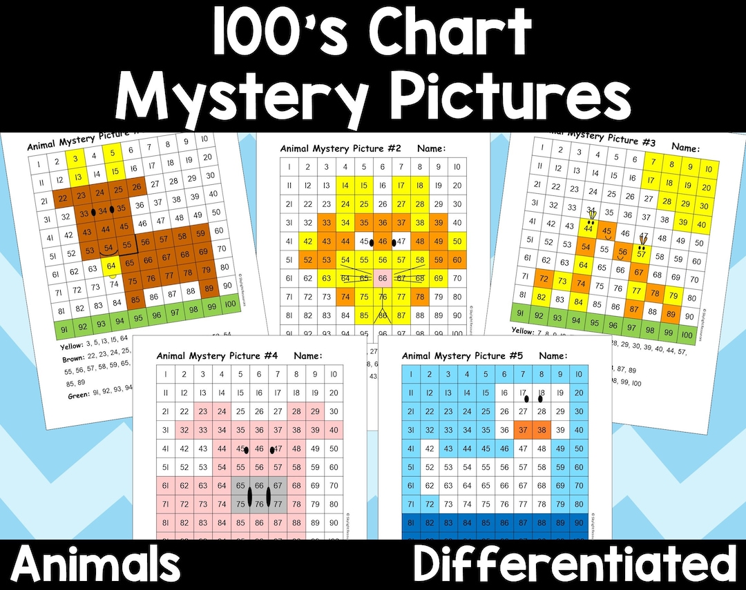 Animals 100's Chart Mystery Pictures Kids Number Practice for School or ...