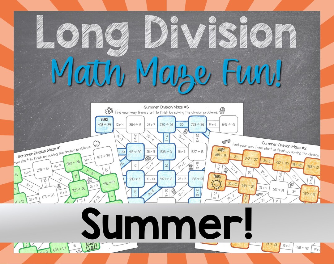 Long Division Fun Math Maze Activity With Summer Theme for School or ...