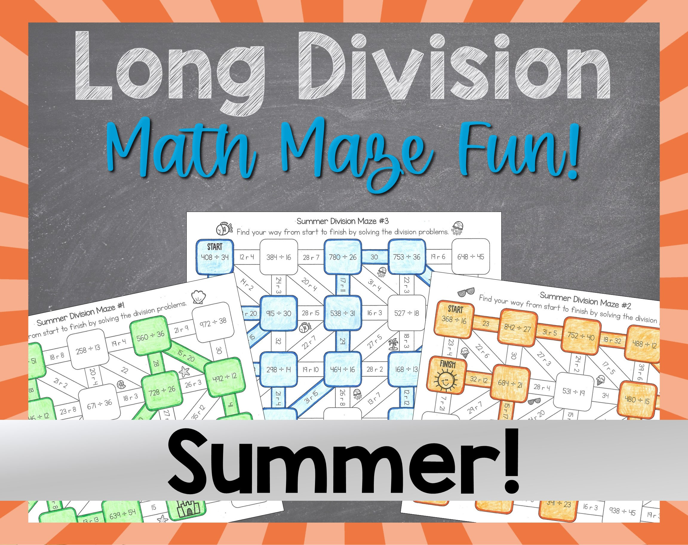 Long Division Fun Math Maze Activity With Summer Theme for School or ...