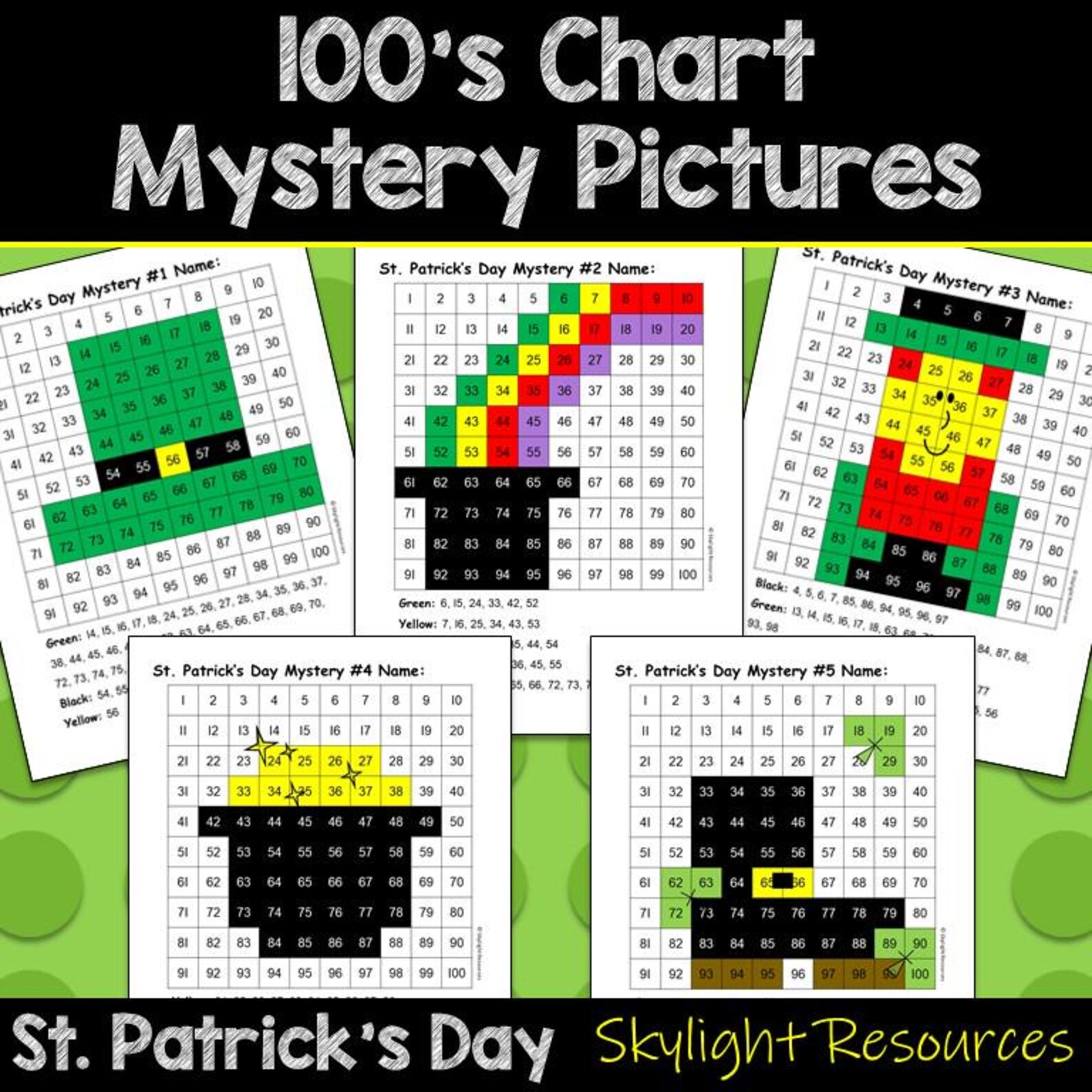 St. Patrick's Day 100's Chart Mystery Pictures | Math Numbers Practice ...