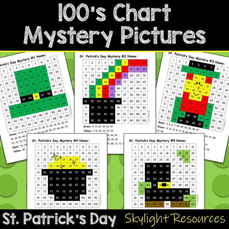 St. Patrick's Day 100's Chart Mystery Pictures | Math Numbers Practice ...