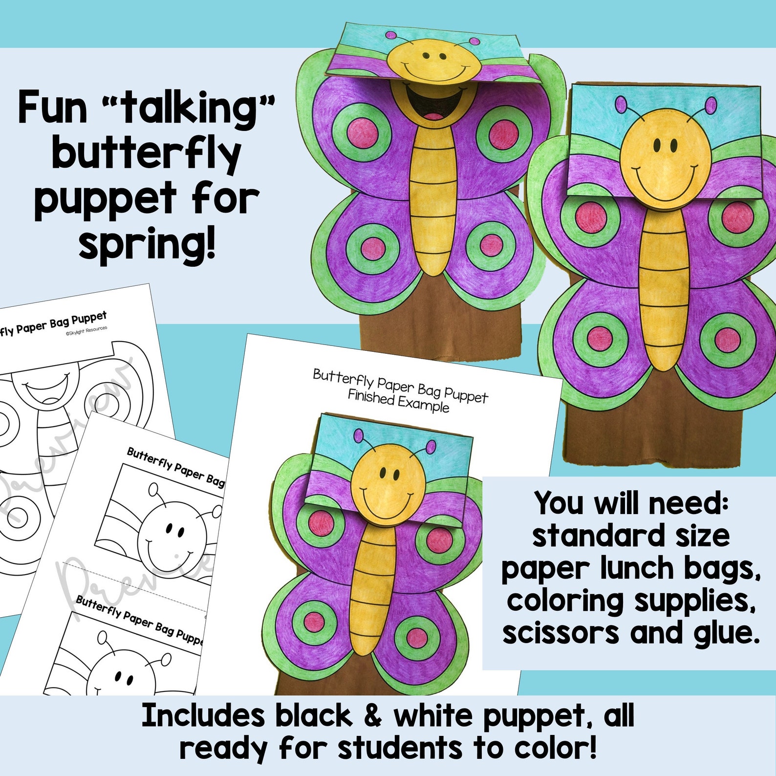Butterfly Paper Bag Puppet | Spring Craft Activity for Classroom or ...