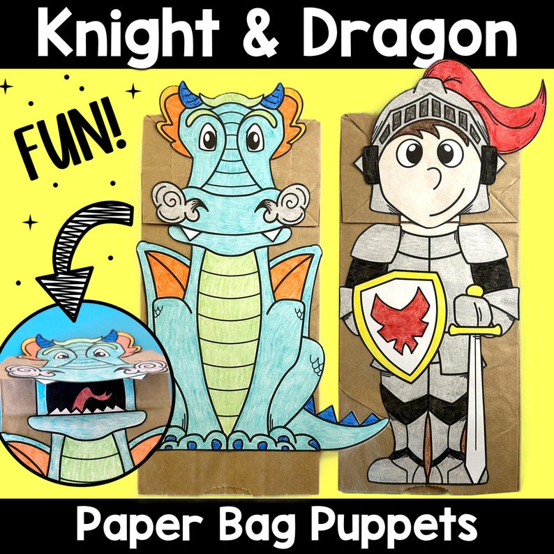 Knight and Dragon Paper Bag Puppets Fun Craft Activity for Kids - Etsy