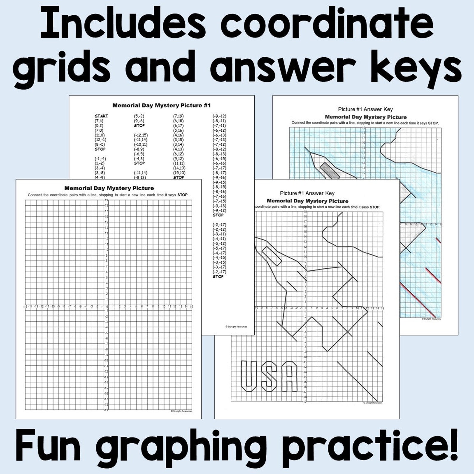 Memorial Day Math Coordinate Plane Graphing Mystery Pictures in All ...