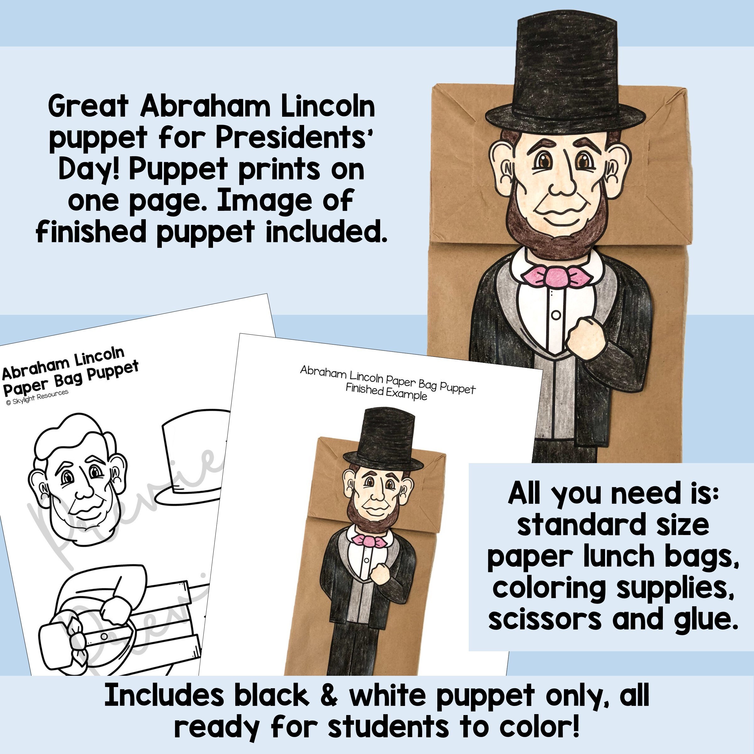 Abraham Lincoln Presidents' Day Paper Bag Puppet Kids Craft Activity - Etsy
