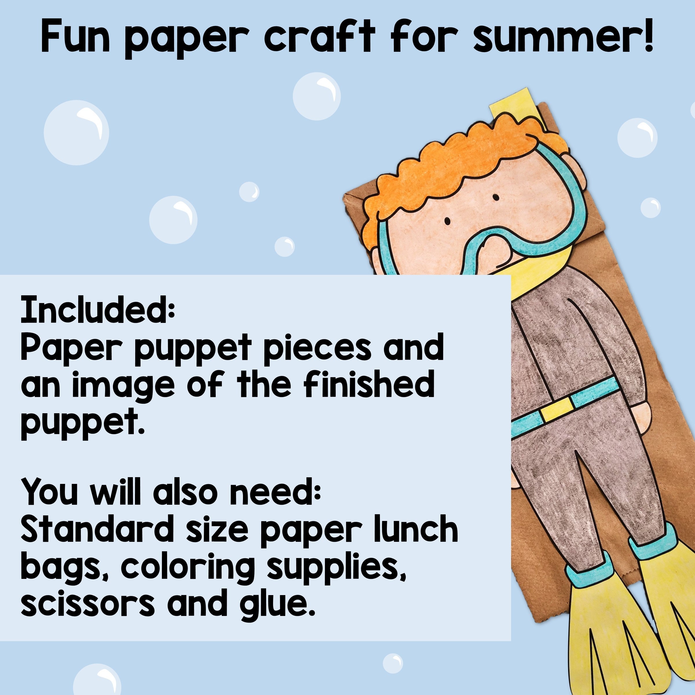 Summer Snorkeler Paper Bag Puppet Kids Craft Activity - Etsy