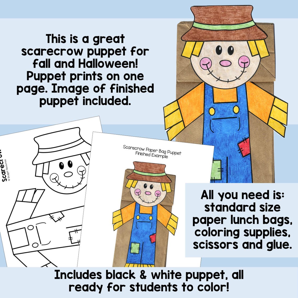 Scarecrow Paper Bag Puppet | Kids Fall Craft Activity for School or ...