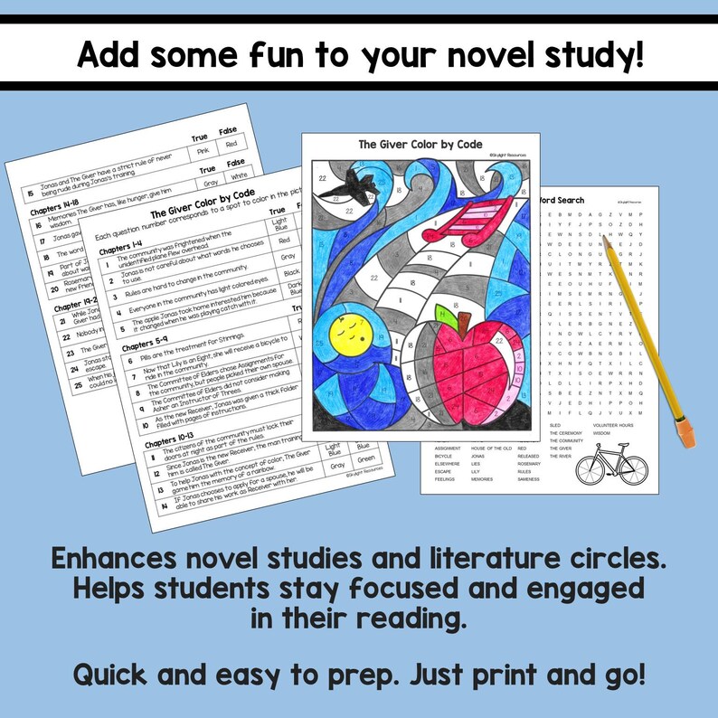 The Giver Word Search and Color by Number Novel Reading Questions, Fun ...