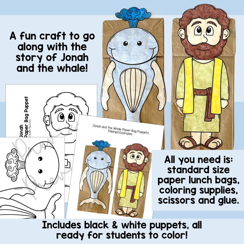 Jonah and the Whale or Big Fish, Paper Bag Puppets Bible Lesson Craft ...