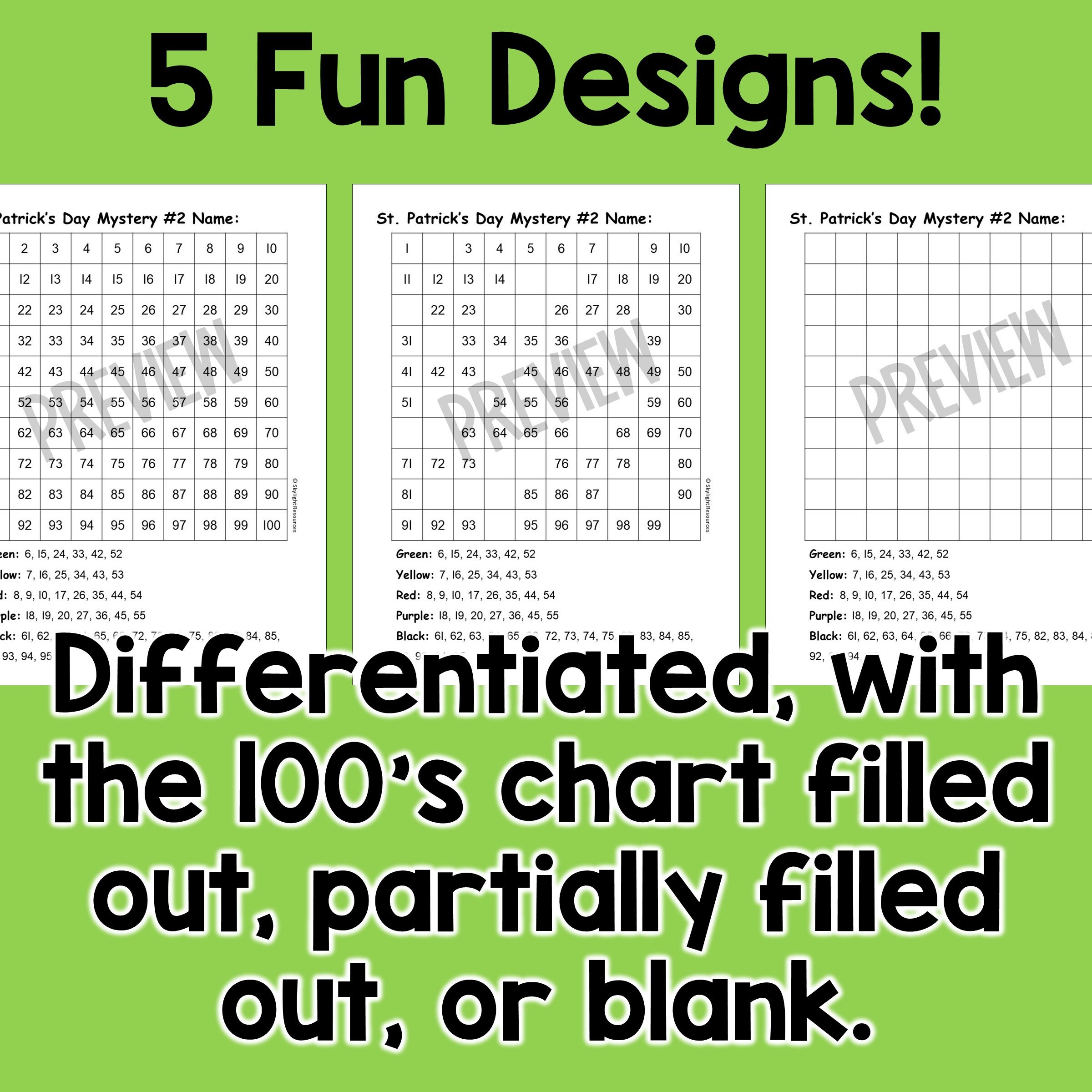 St. Patrick's Day 100's Chart Mystery Pictures | Math Numbers Practice ...