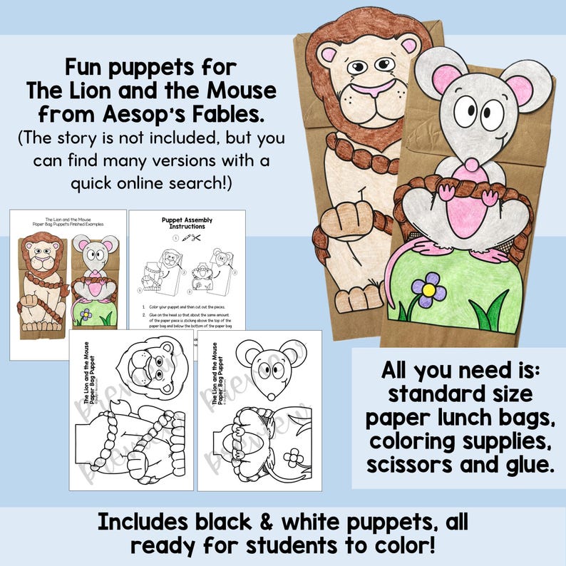 Aesop's Fables the Lion and the Mouse Paper Bag Puppets Fun Craft ...